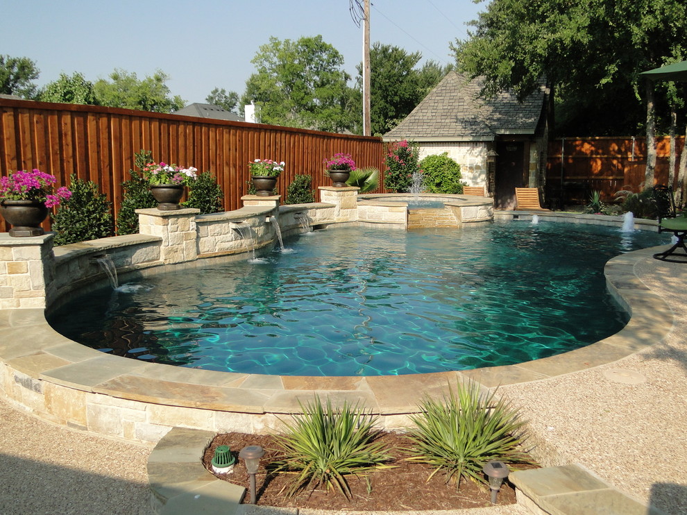 Freeform Pool, Arbor and Built in Grill with Limestone Bar - Pool ...