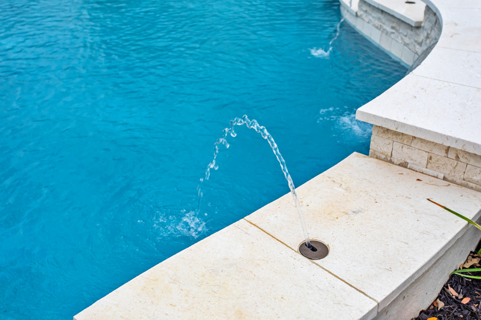 Freeform pool, Water Feature, Sun Shelf, Fire Pit and Pergola - Pool ...