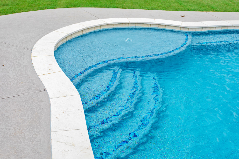 Freeform pool, Water Feature, Sun Shelf, Fire Pit and Pergola - Pool ...