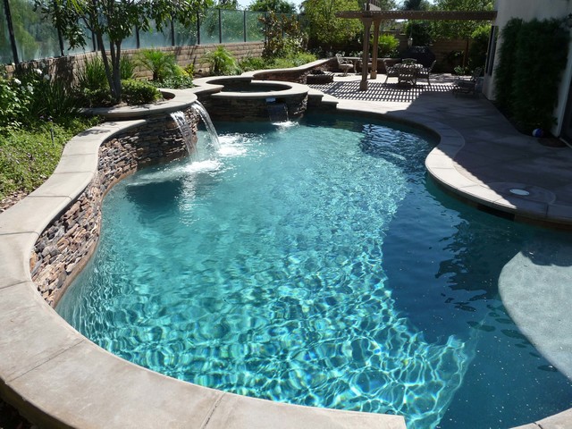 Freeform Pool with Baja Step and Raised Spa. - Traditional - Swimming ...