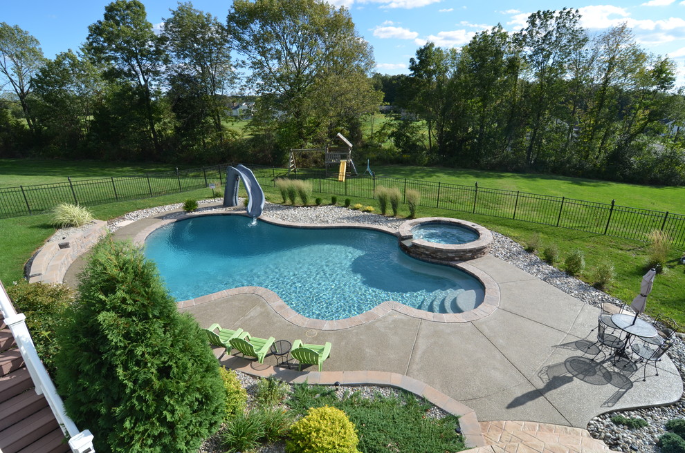 Freeform Style Pool With Waterslide And Raised Spa Contemporary