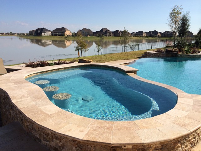 Freeform Travertine Pool with Negative Edge - Mediterranean - Swimming ...