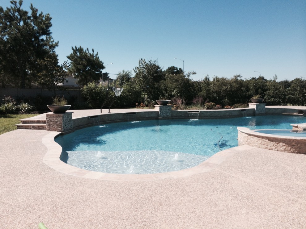 Freeform Travertine Pool with Raised Beam Wall & Firepit - Traditional ...