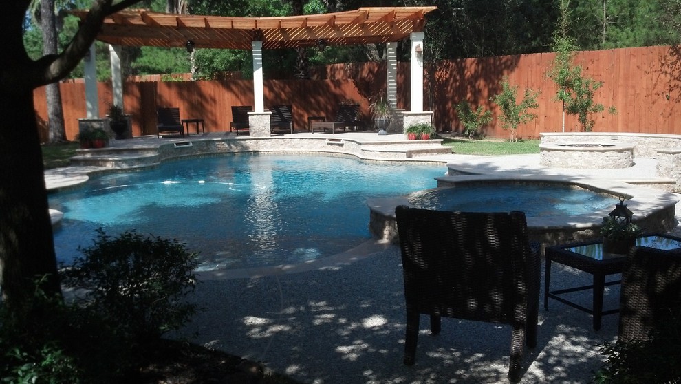 Freeform Travertine Pool with Raised Decking & Oversized Spa & Firepit ...