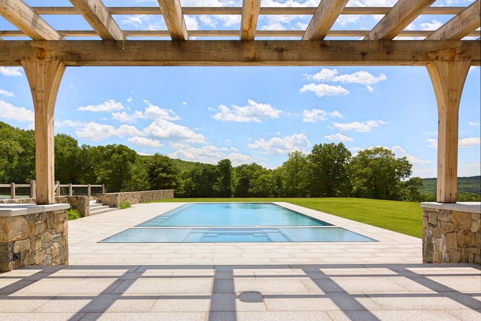 glass tile swimming pool + spa with perimeter overflow + granite ...