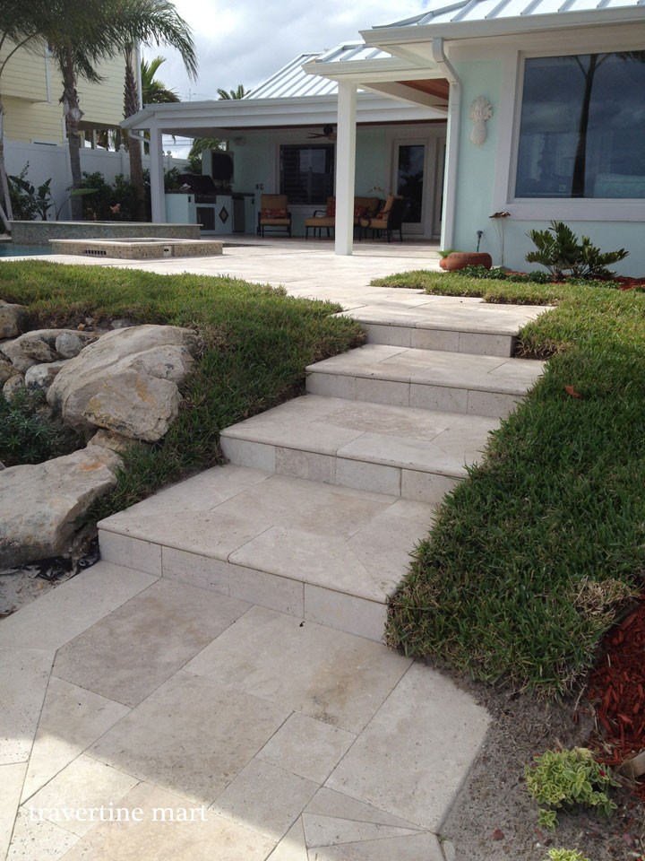 Ivory Tumbled Travertine Pavers as Stairs - Modern - Pool - Miami - av ...