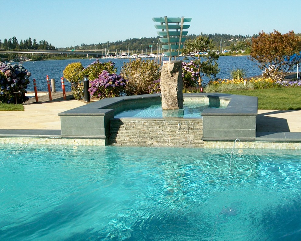 Lake Washington Pool With Spa and Fountain - Traditional - Pool ...