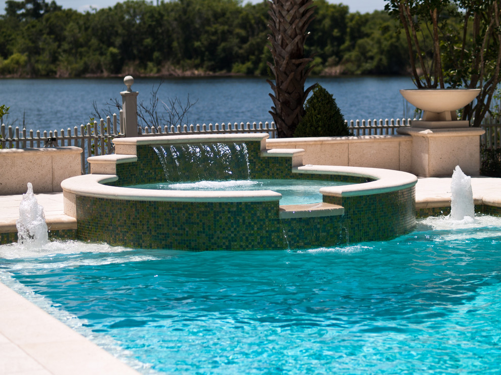 Lakefront Pool and Spa with Green Glass Tile - Pool - Tampa - by ...
