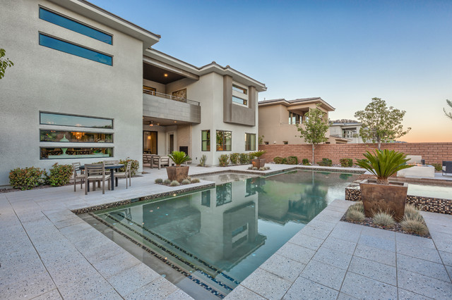 Lap Pool with Rim Flow Spa & Fire Pit - Tropical - Swimming Pool & Hot ...