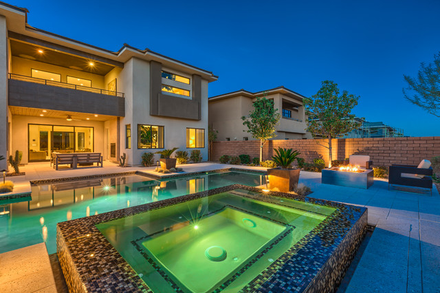 Lap Pool with Rim Flow Spa & Fire Pit - Tropical - Pool - Las Vegas ...