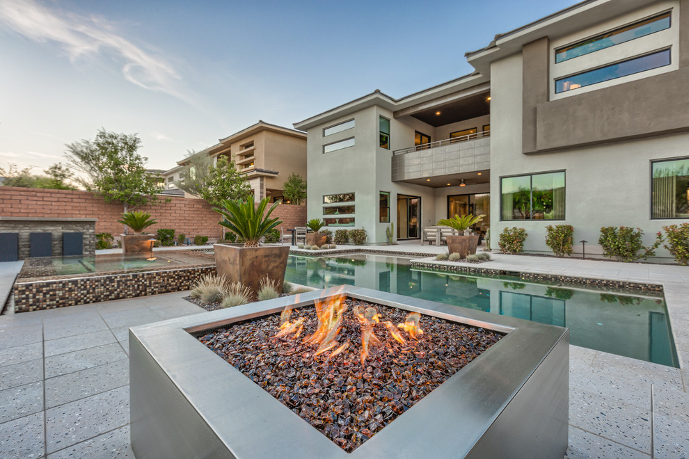 Lap Pool with Rim Flow Spa & Fire Pit - Tropical - Pool - Las Vegas ...
