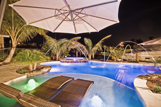 LED Lights on Lagoon/Freeform Pool With Sun Shelf and Bar Area in Fort ...