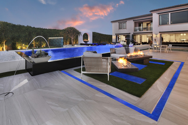 Modern Infinity Pool, Elevated Spa, Outdoor Kitchen, and Unique Fire ...