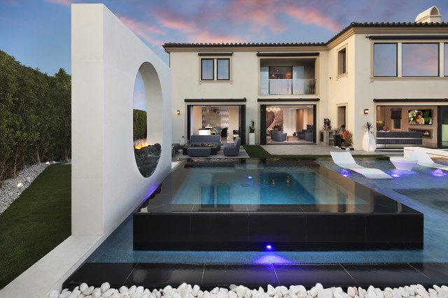 Modern Infinity Pool, Elevated Spa, Outdoor Kitchen, and Unique Fire ...