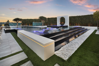 Modern Infinity Pool, Elevated Spa, Outdoor Kitchen, and Unique Fire ...