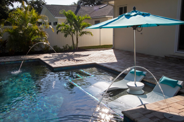 Modern Pool with Advanced LED Lighting and Water Features - Tropical ...