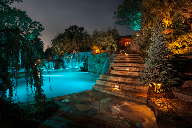 Nighttime Swimming Pools With Waterfalls Artificial Rock Waterfalls