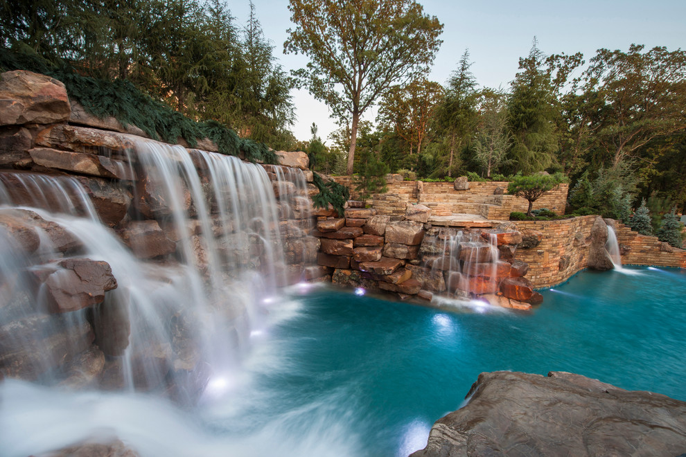 Mountain Mine-Themed Pool With Waterfalls, Slide and More - Rustic ...