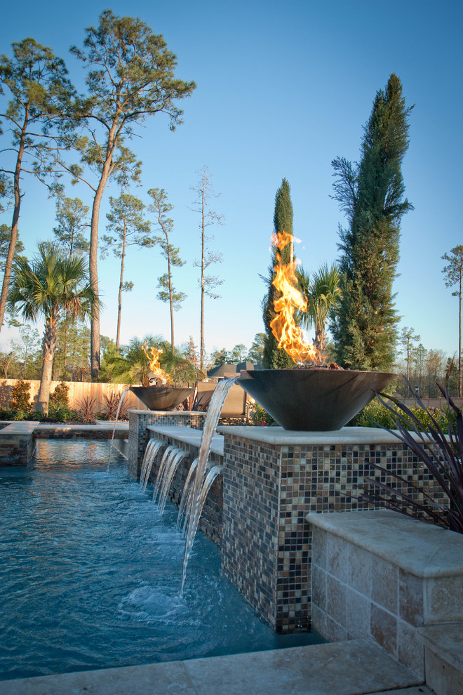 Multi-level Pool with Fire/Water Bowls - Traditional - Pool - Houston ...