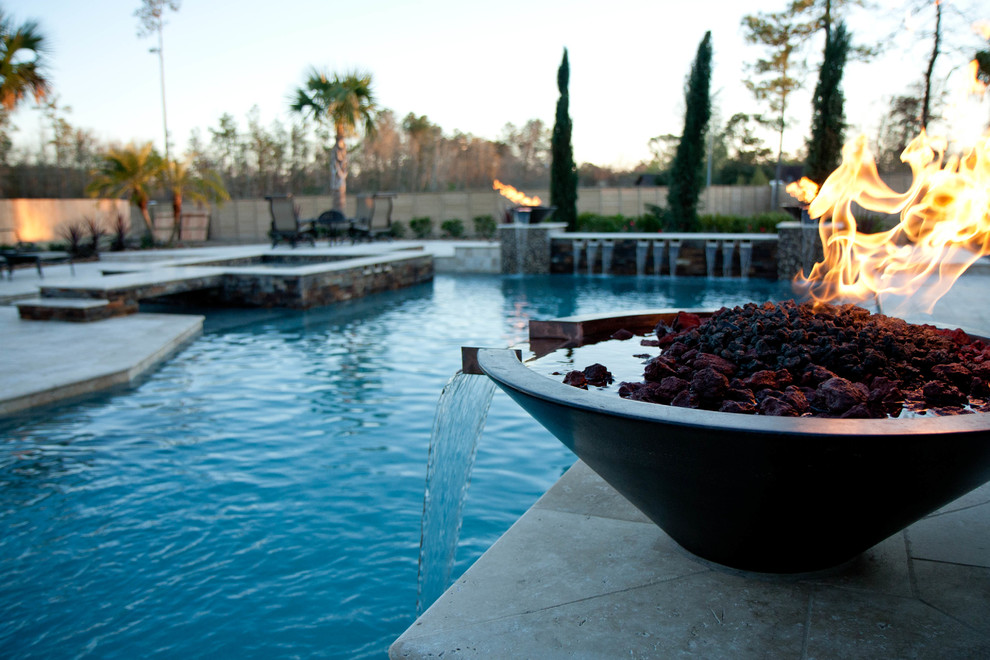 Multi-level Pool with Fire/Water Bowls - Traditional - Pool - Houston ...