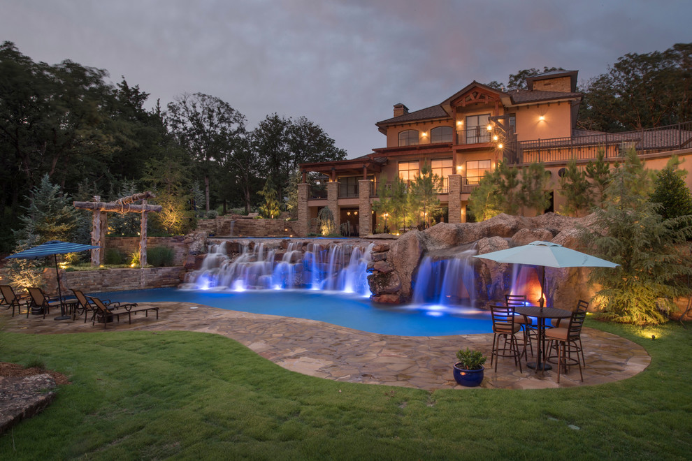 Multi-Level Pool with Rope Swing, Sunken Fire Pit, Waterfalls & Swim Up ...