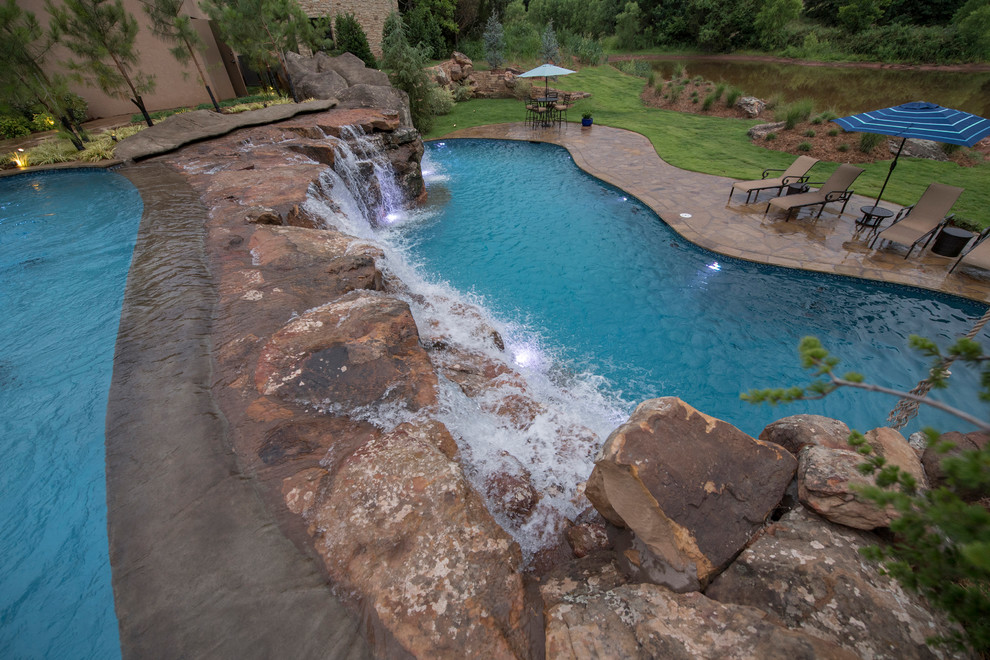 Multi-Level Pool with Rope Swing, Sunken Fire Pit, Waterfalls & Swim Up ...