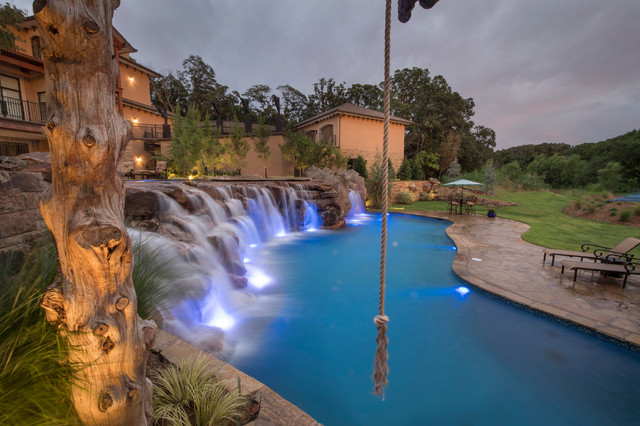 Multi-Level Pool with Rope Swing, Sunken Fire Pit, Waterfalls & Swim Up ...