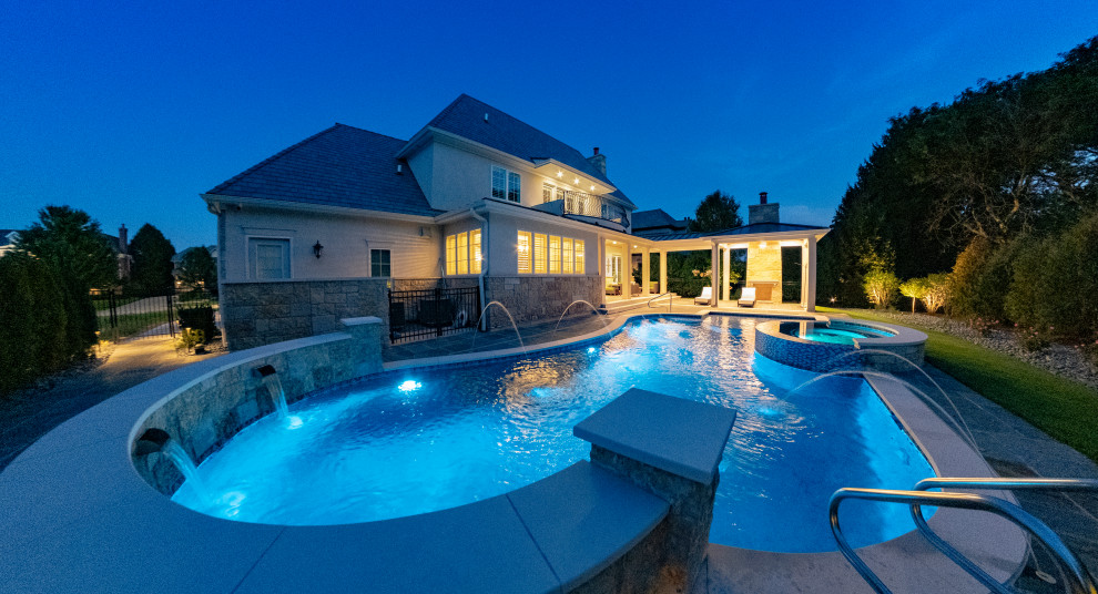 Naperville, IL freeform swimming pool with hot tub, large sunshelf ...