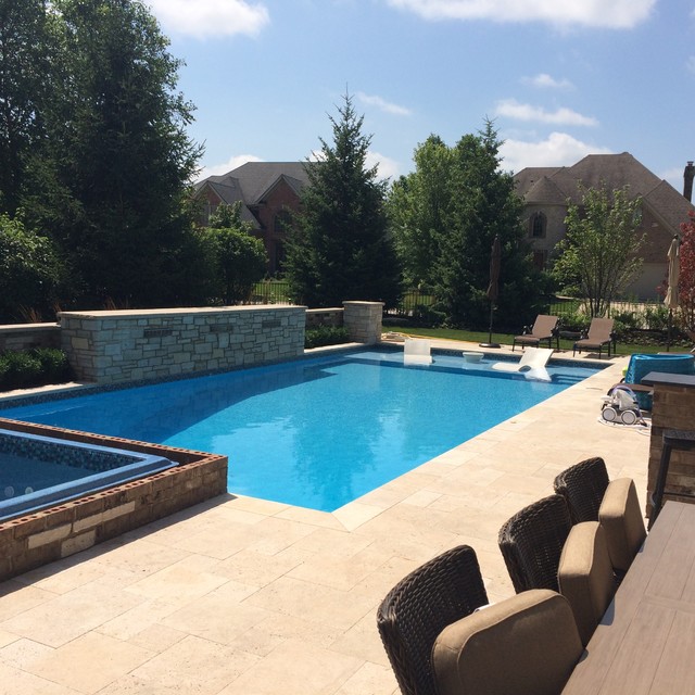 Naperville Pool, Travertine Deck and Landscape - Traditional - Pool ...