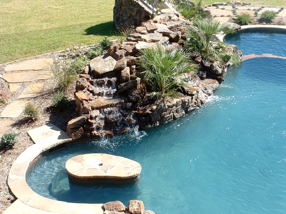 Natural Beach Entry Freeform Pool with slide, table and cascading ... Natural Beach Entry Freeform Pool with slide, table and cascading ...