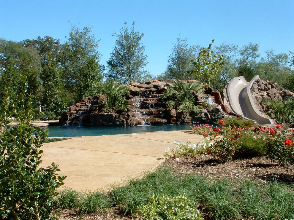 Natural Beach Entry Freeform Pool with slide, table and cascading ... Natural Beach Entry Freeform Pool with slide, table and cascading ...