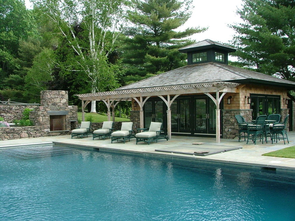 New pool house with pergola and fireplace - Craftsman - Pool - Boston ...