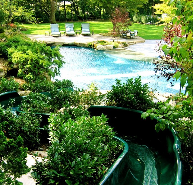 Old Westbury Swimming Pool with Water Slide, Waterfalls and Beach Entry ...