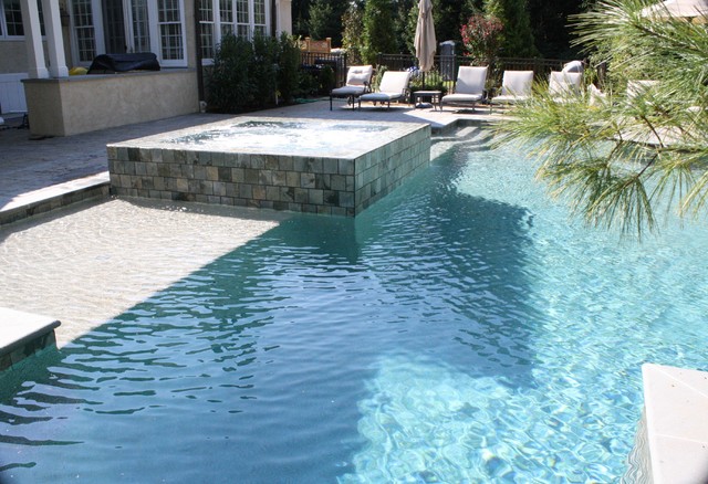 Pool and Spa with 360 degree spa spillover, two sun shelfs, raised ...