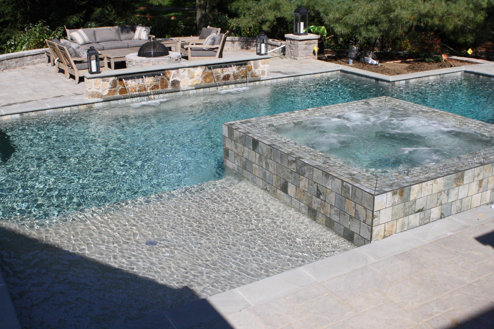 Pool and Spa with 360 degree spa spillover, two sun shelfs, raised ...