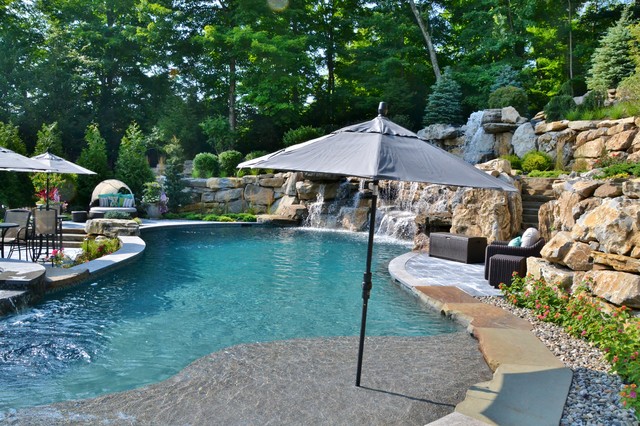 Pool and Spa with Water Feature Built into Mountainside - Mahwah, NJ ...