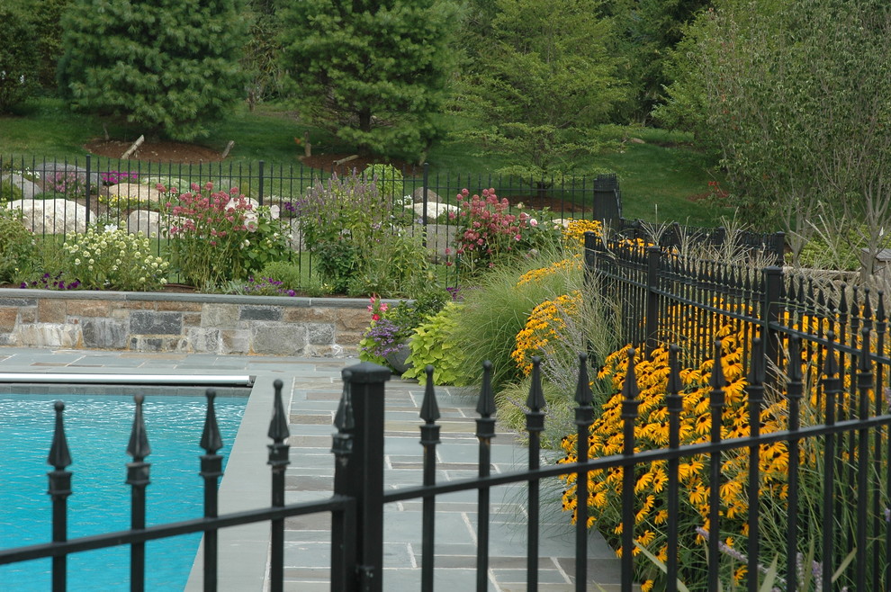 Pool fence designed to incorporate gardens inside & outside enclosure ...