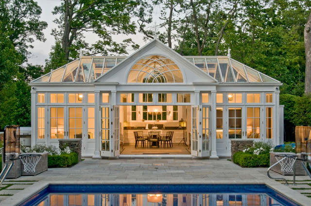 Chicago Mansion Pool House Upscale Home At Dusk With Swimming Pool