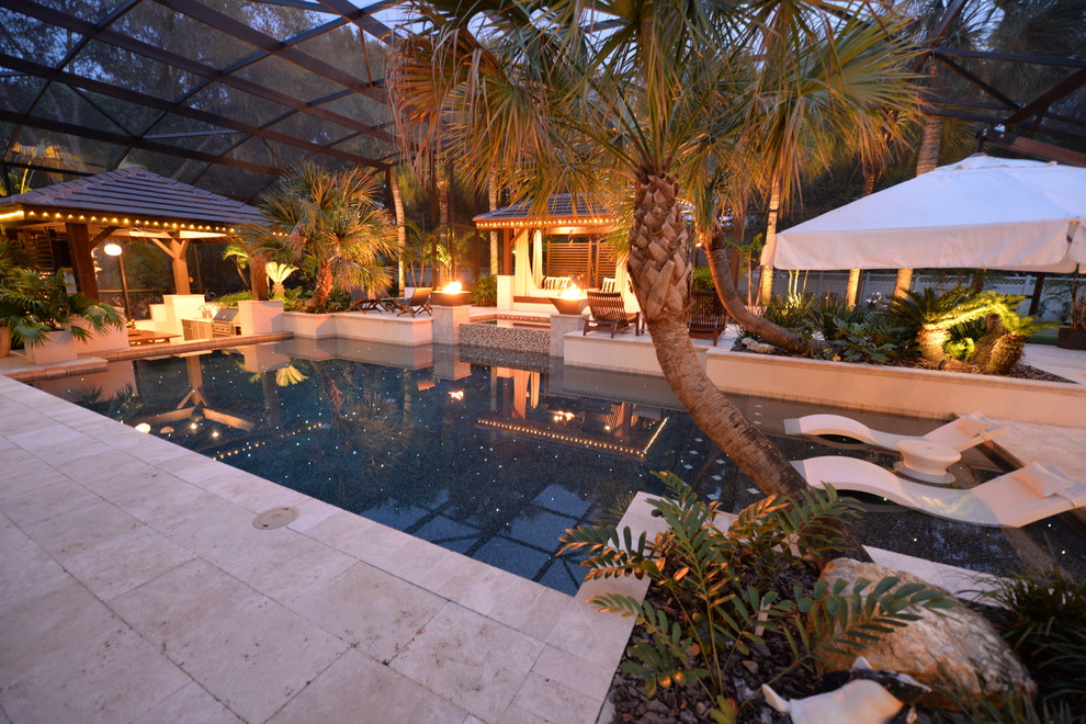 Pool in Lake Mary, FL with sun shelf, swim up bar, fire bowl, floor ...