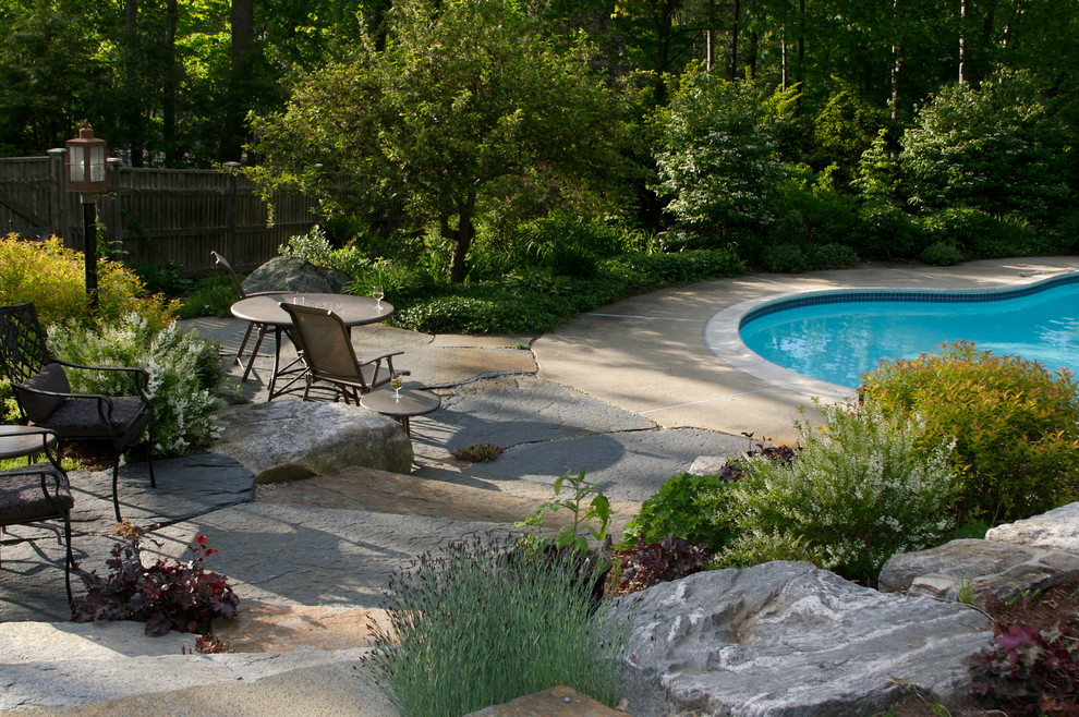 Pool, patio and steps of large natural stone - Traditional - Pool ...