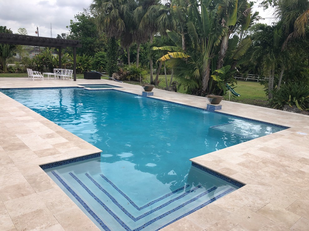 Pool Remodel Travertine, water bowls,baja shelf - Contemporary - Pool ...