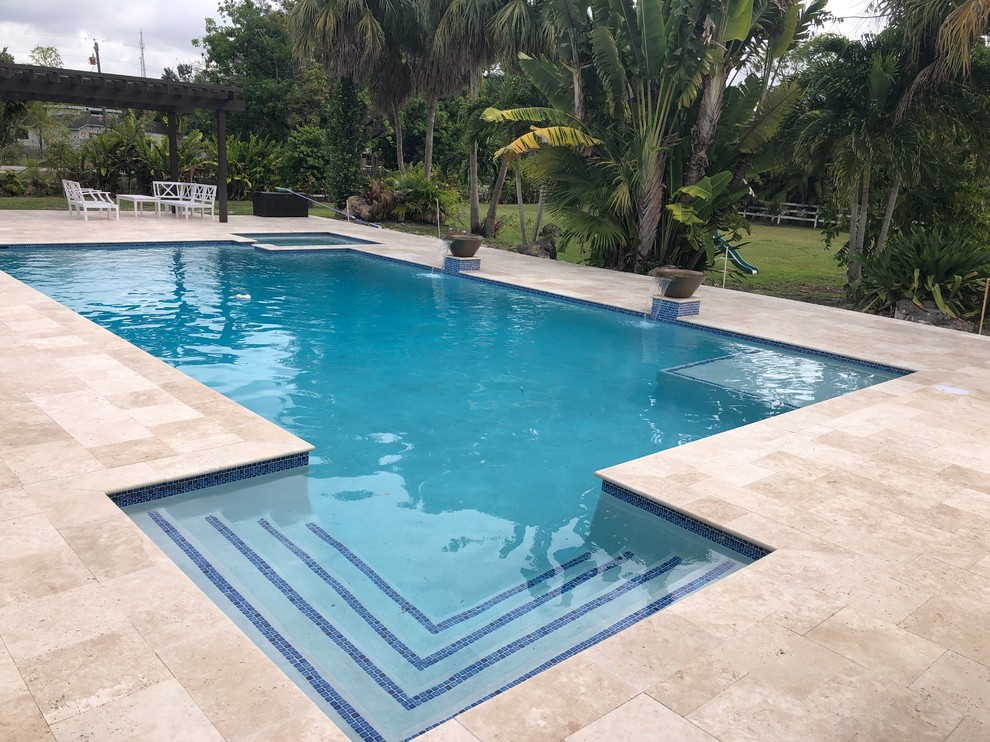 Pool Remodel Travertine, water bowls,baja shelf - Contemporary - Pool ...