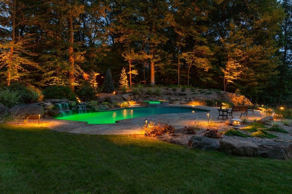 Pool, Spa and Outdoor Shower with Stamped Concrete Deck - Rustikal ...