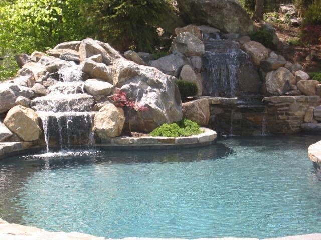 Pool with natural stone patio and water feature! - Tropical - Swimming ...