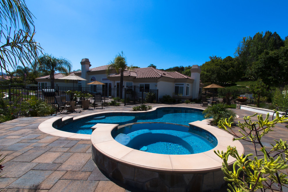 Poway-Paver Patio, Custom BBQ, Stone Veneer Spa - Modern - Swimming ...