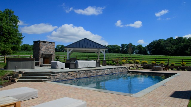 Rectangle Style Pool with Outdoor Fireplace and Firepit - Contemporain ...