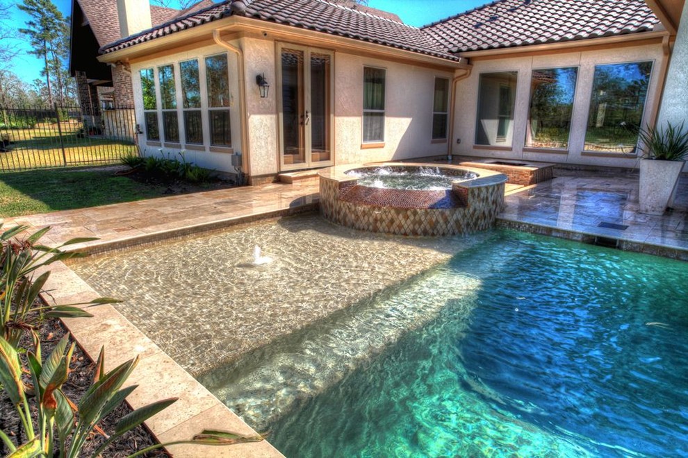 Rectangular pool with walkover water feature, fire pit, and landscape ...