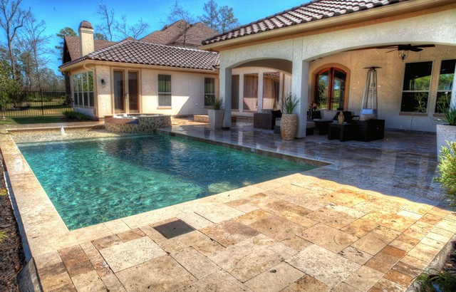 Rectangular pool with walkover water feature, fire pit, and landscape ...