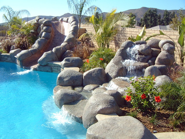 Rock waterfalls pool decks - Contemporary - Pool - Sacramento - by ...