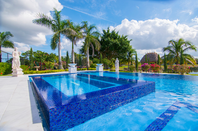 Roman Geometric Pool With Half Sunken Spa and Infinity Edge in Lake ...